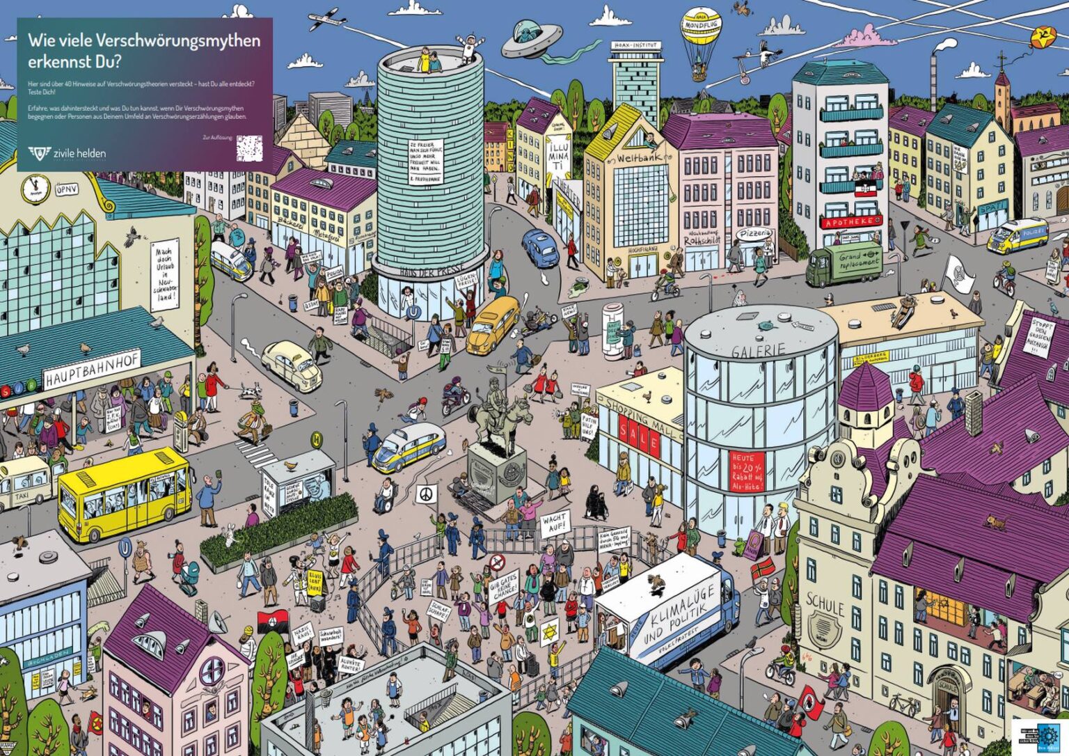 Ein Wimmelbild voll Verschwörungsmythen - die Polizei wirbt für ...